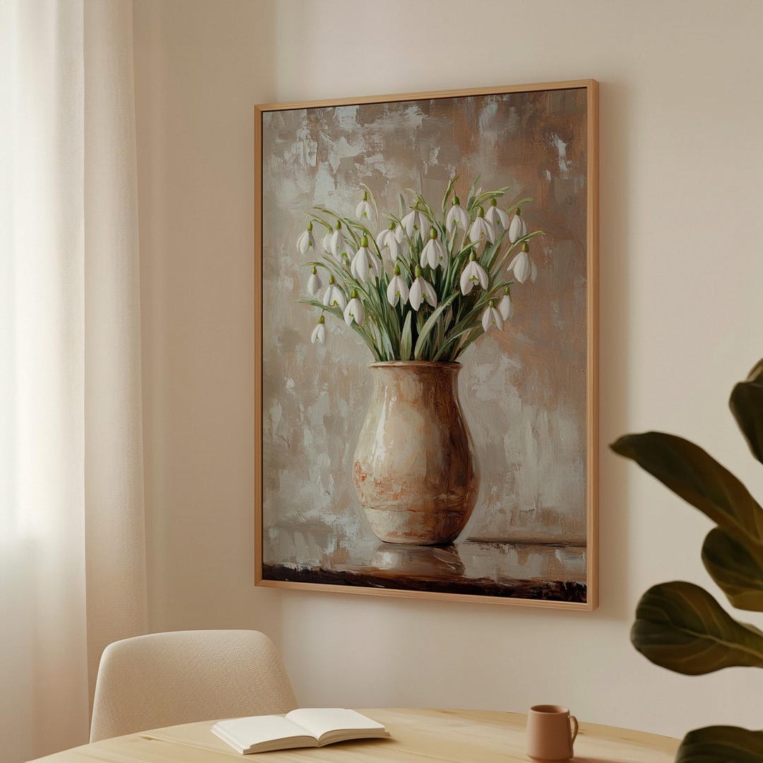 Snowdrop Flower Vase Canvas - Rustic Floral Wall Art, Elegant Spring ...