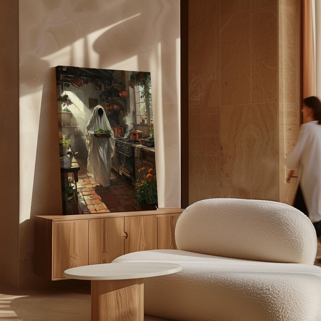 Rustic Kitchen Ghost Canvas Art - Whimsical Haunted Farmhouse Scene ...