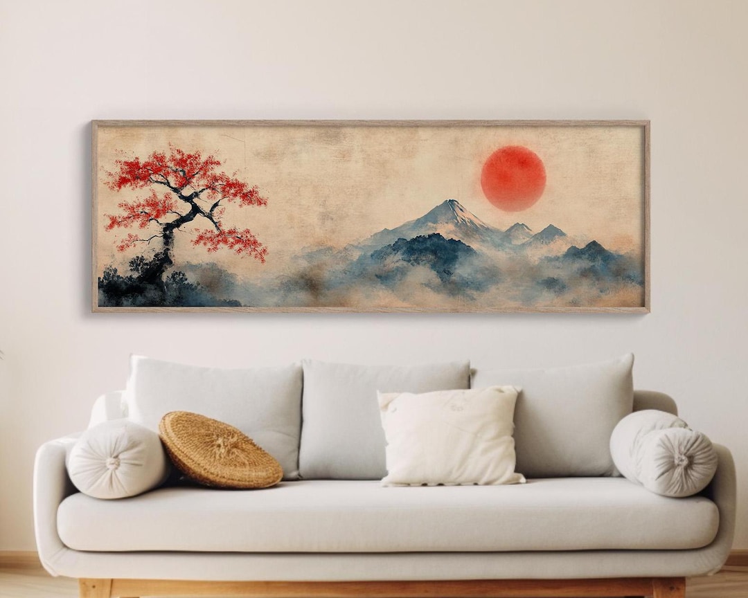 Panoramic Japanese Landscape - Red Sun & Mount Fuji - Misty Mountains ...