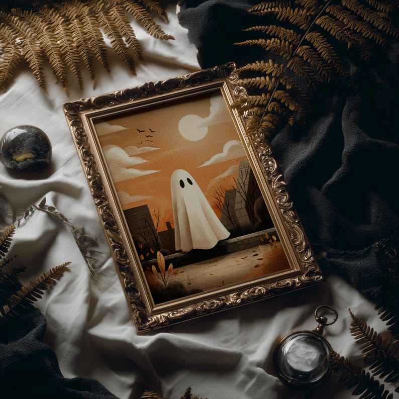 Cute Ghost Under Autumn Moon in Vintage Halloween Style - Etsy UK