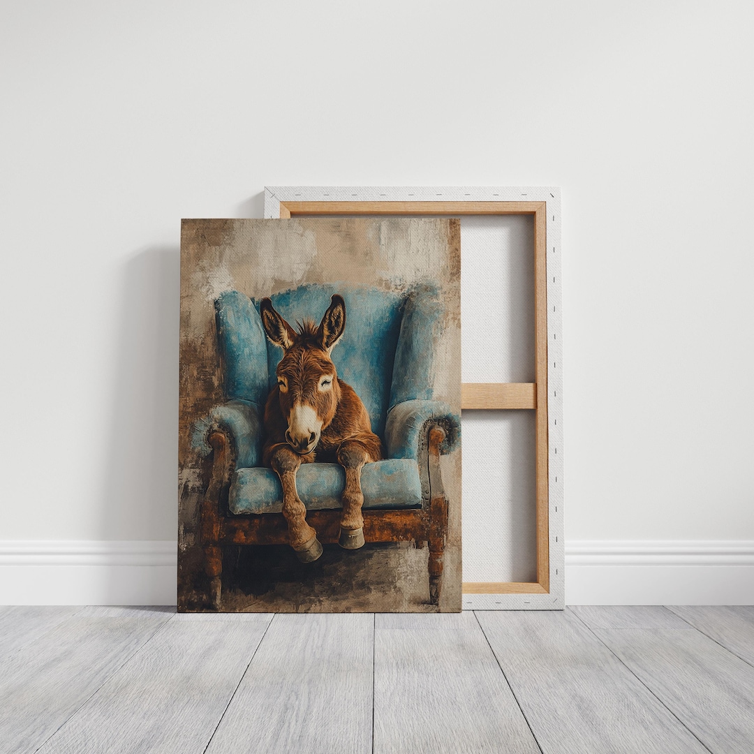 Adorable Donkey Resting on Blue Chair - Whimsical Farmhouse Animal ...