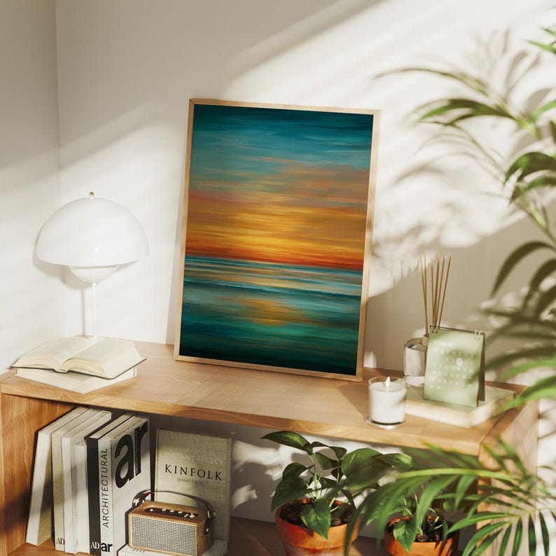 Abstract Ocean Sunset Canvas Wall Art | Colorful Coastal Seascape ...