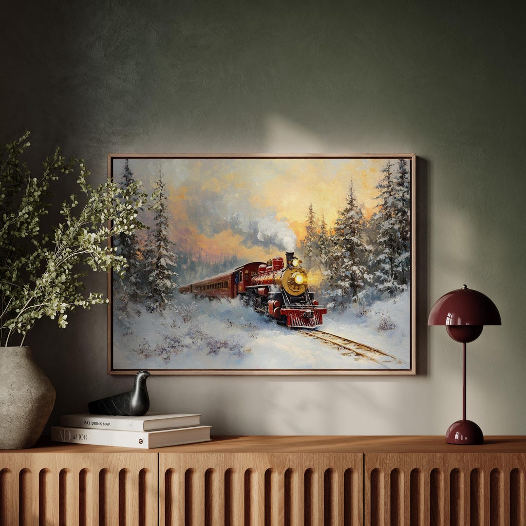 Vintage Steam Train in Snowy Winter Landscape - Rustic Christmas Canvas ...