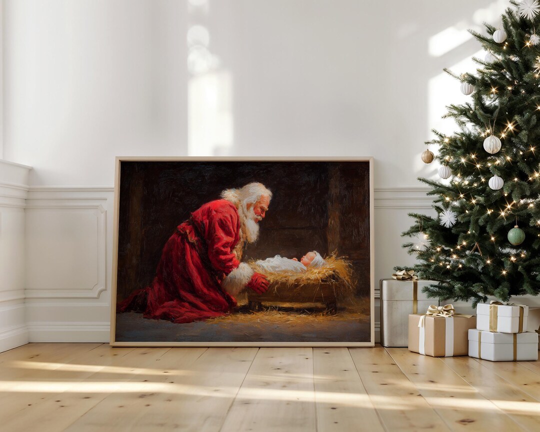 Santa Kneeling Before Baby Jesus Canvas, Christmas Nativity Wall Art ...