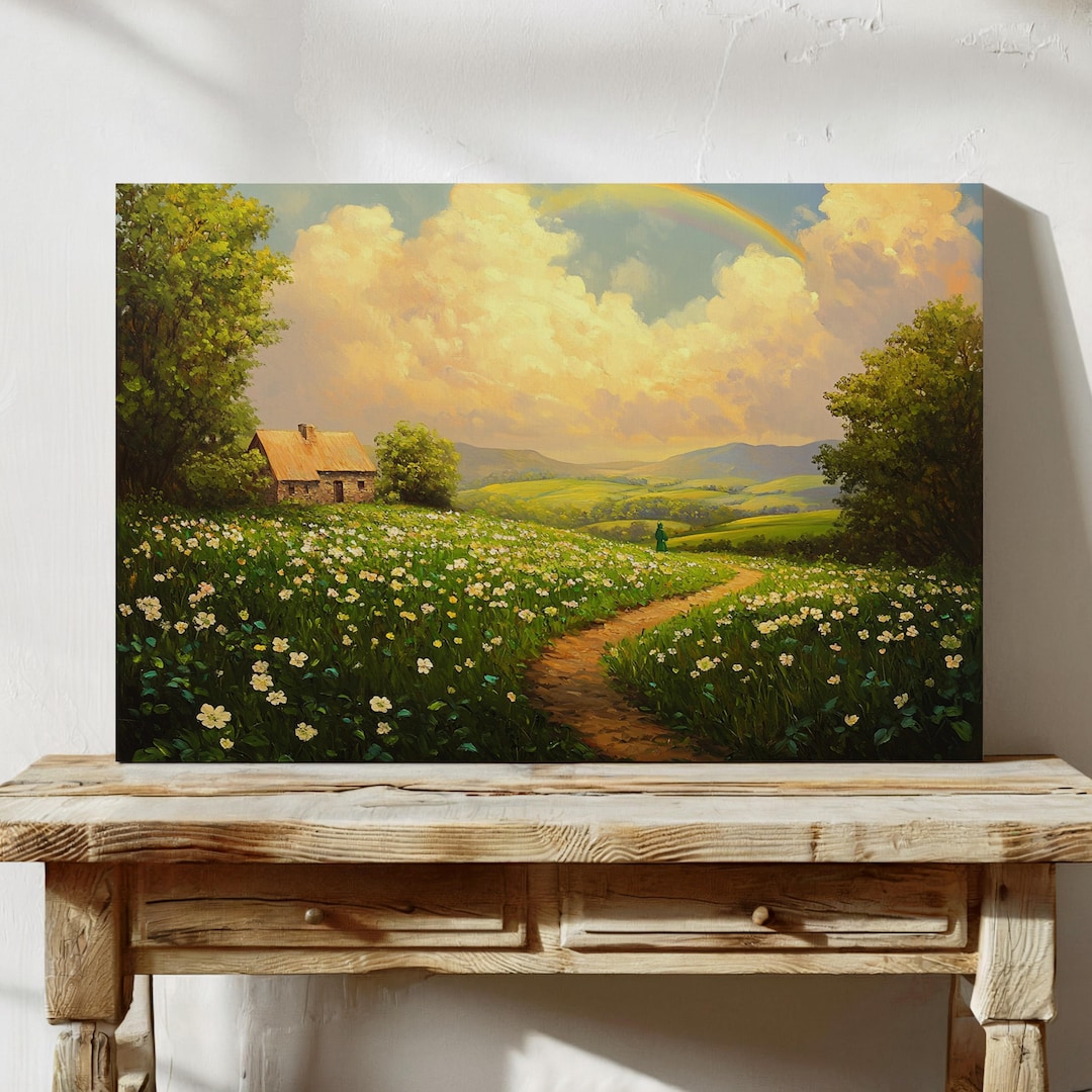 Scenic Irish Countryside With Cottage, Rainbow, and Clover Fields ...