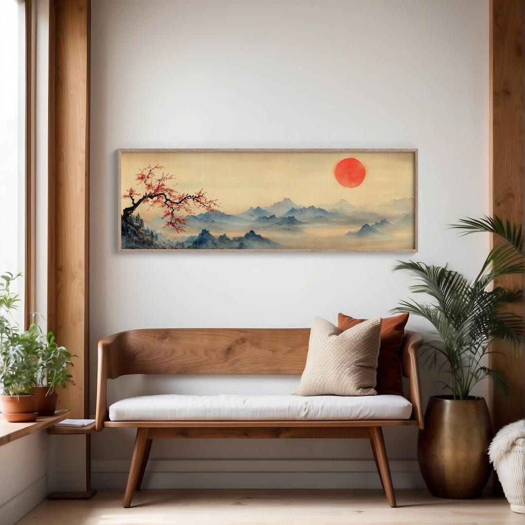 Panoramic Japanese Landscape - Red Sun & Maple Tree - Misty Mountain ...