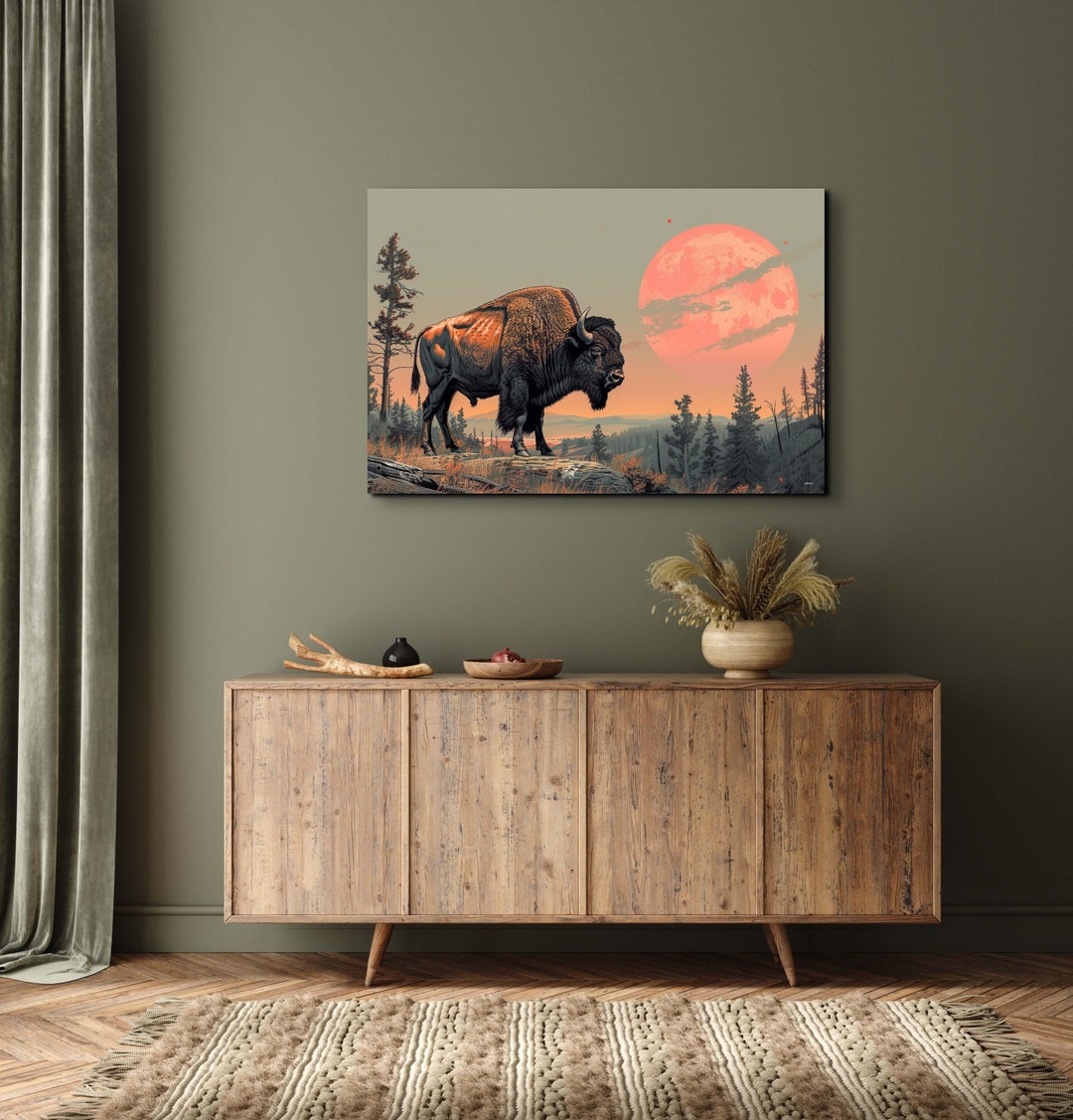 Bison Canvas Wall Art Print, Bison Standing by Tree During Sunset ...