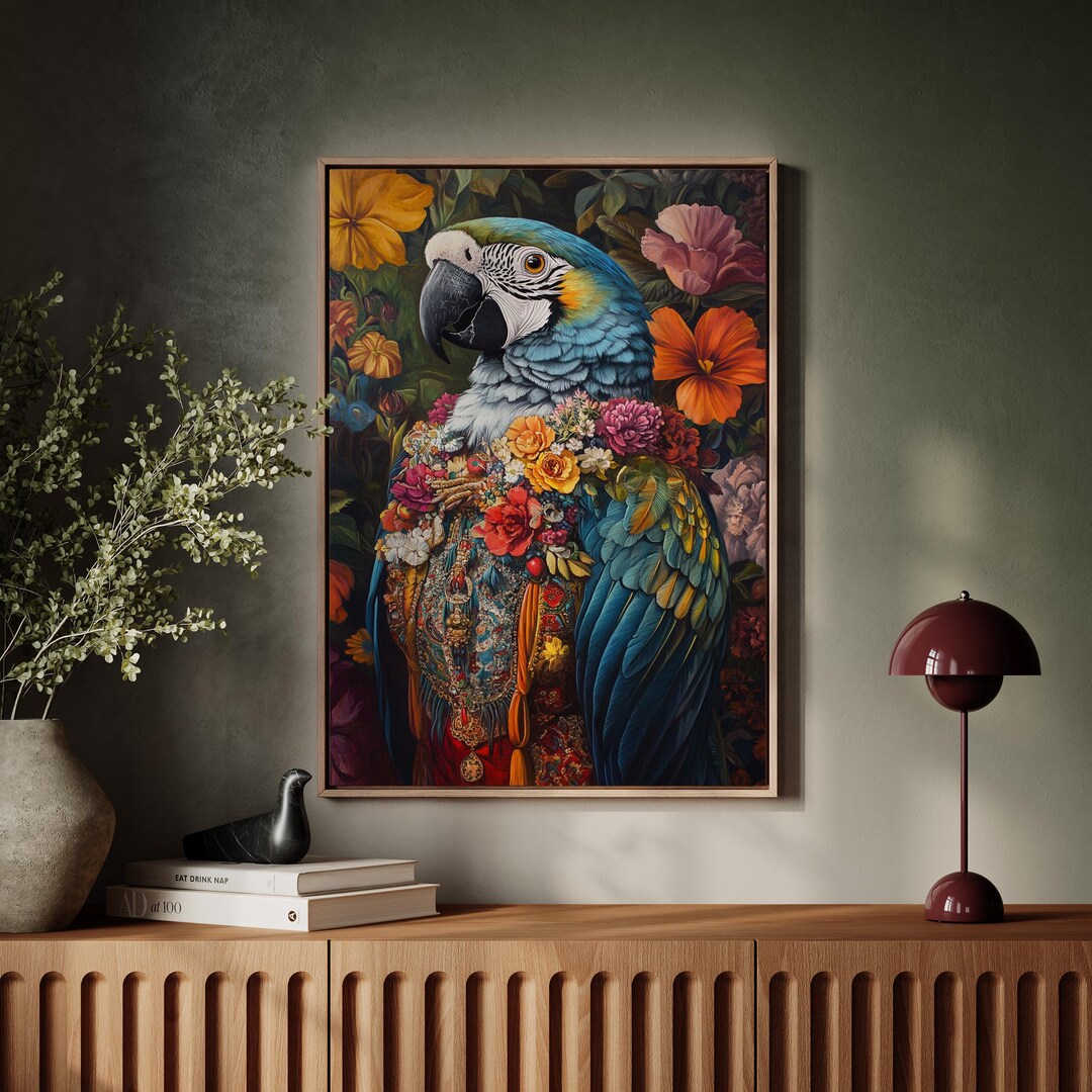 Elegant Macaw Canvas Wall Art - Vibrant Parrot in Ornate Floral Garb ...