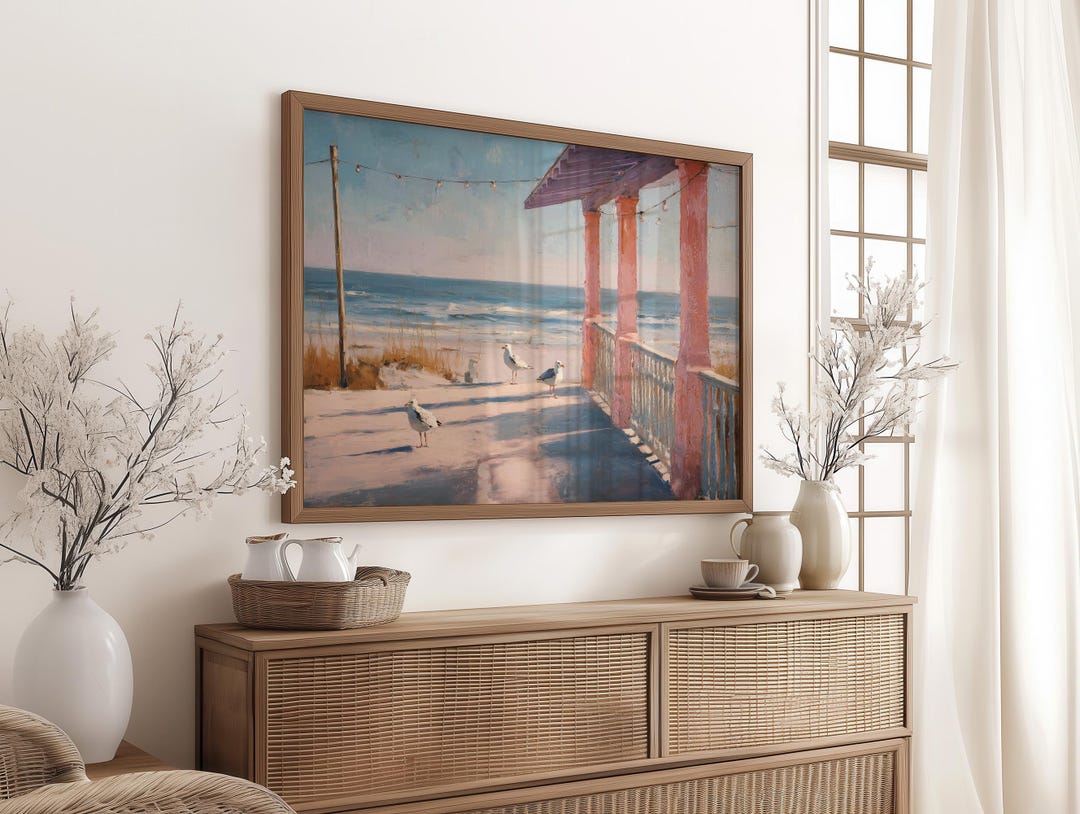 Seagulls on Sandy Porch With Ocean View and Pink Pillars - Etsy
