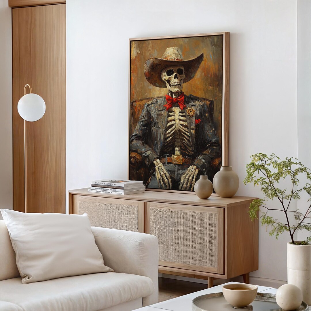 Cowboy Skeleton Wall Art, Western Gothic Decor, Spooky Sheriff Canvas ...