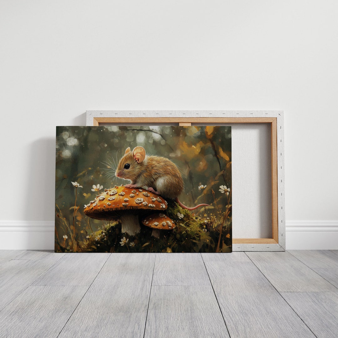 Whimsical Mouse on Toadstool Mushroom Canvas Wall Art for Nature ...