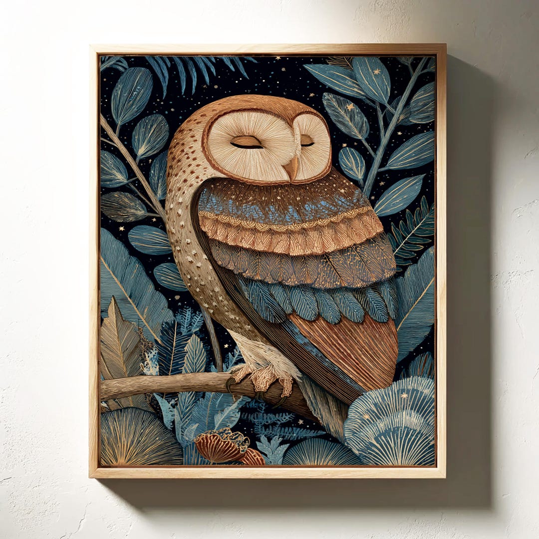 Sleeping Barn Owl Among Midnight Leaves - Etsy