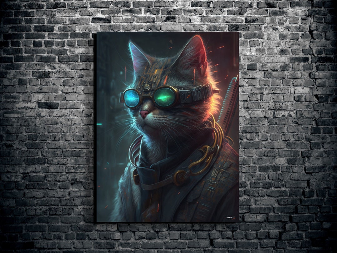 Cyberpunk Style Cat Canvas Art, Futuristic Cat Canvas Extra Large Wall ...