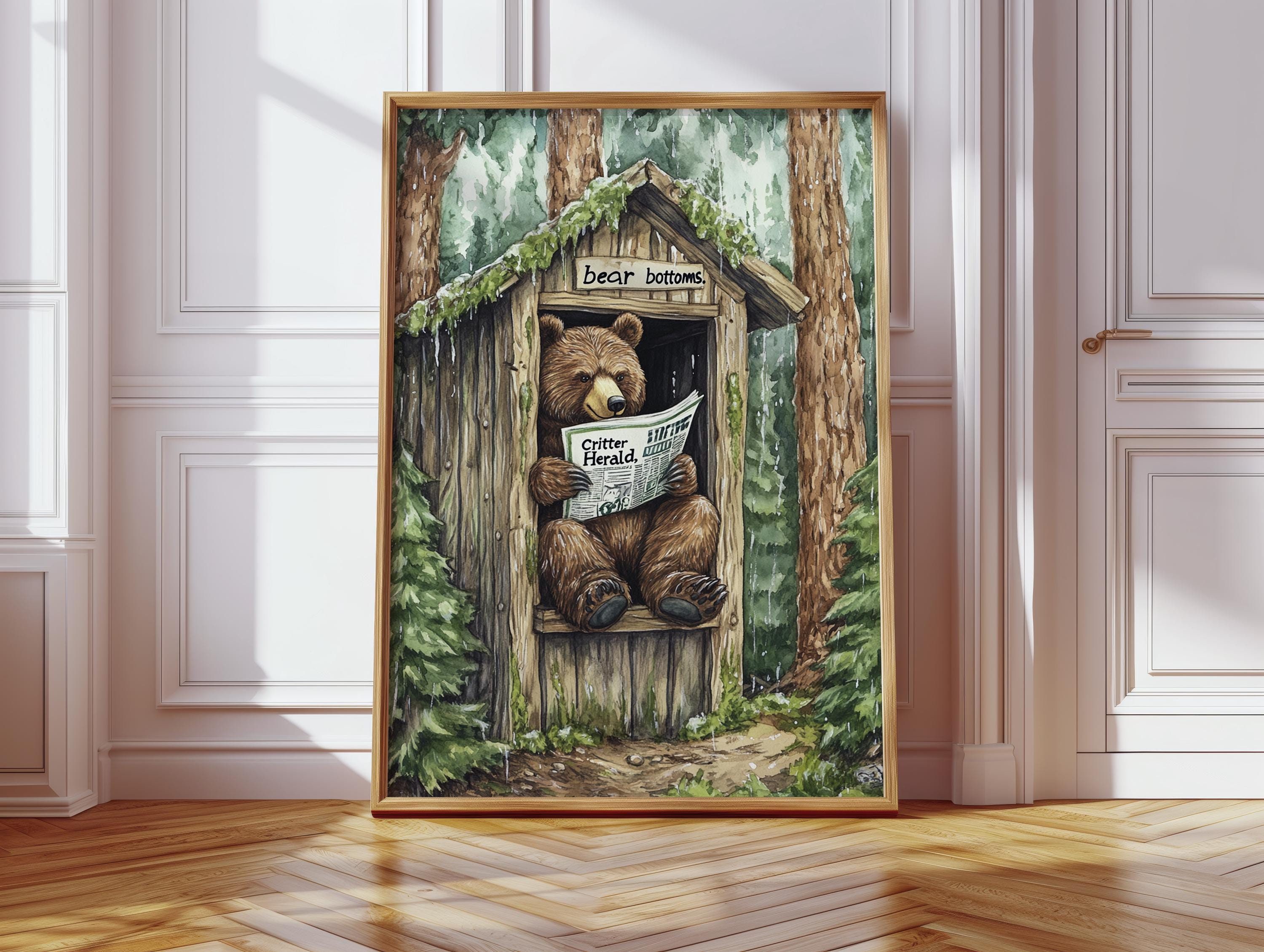 Funny Bear Bathroom Wall Art – Rustic Outhouse Reading Bear Poster ...