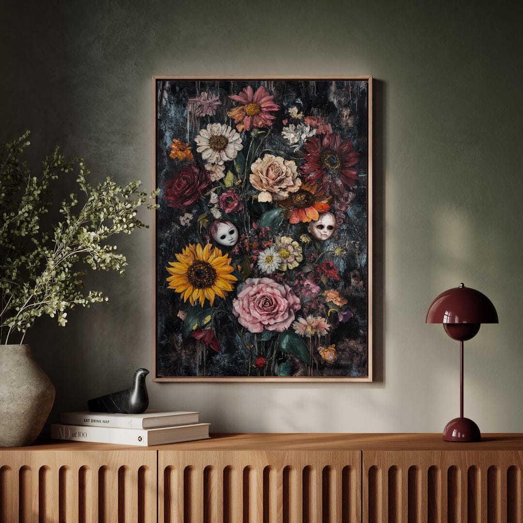 Haunted Doll Faces in Wildflower Bouquet – Creepy Gothic Floral Wall ...