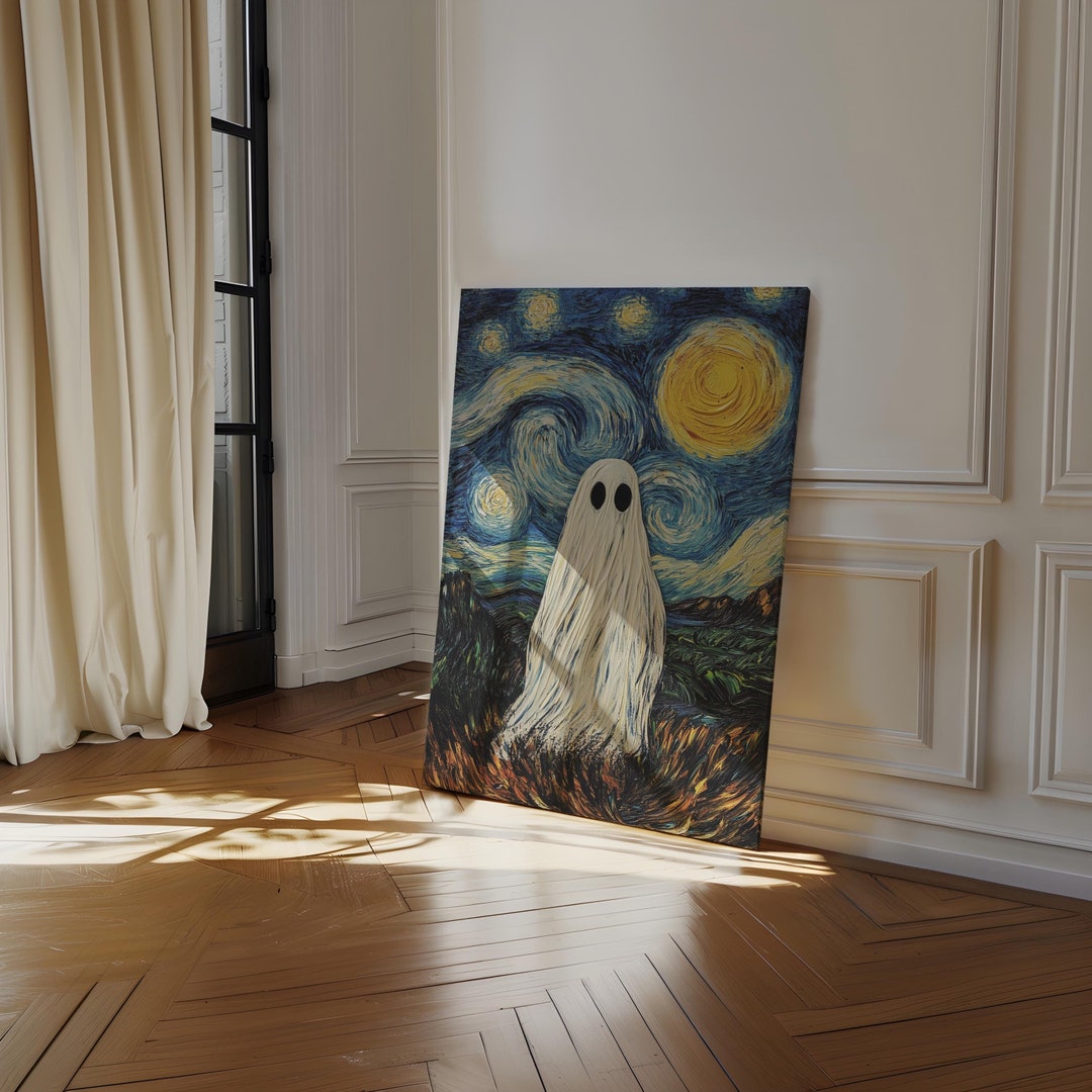 Whimsical Ghost Starry Night Canvas Art - Spooky Van Gogh-inspired Wall ...