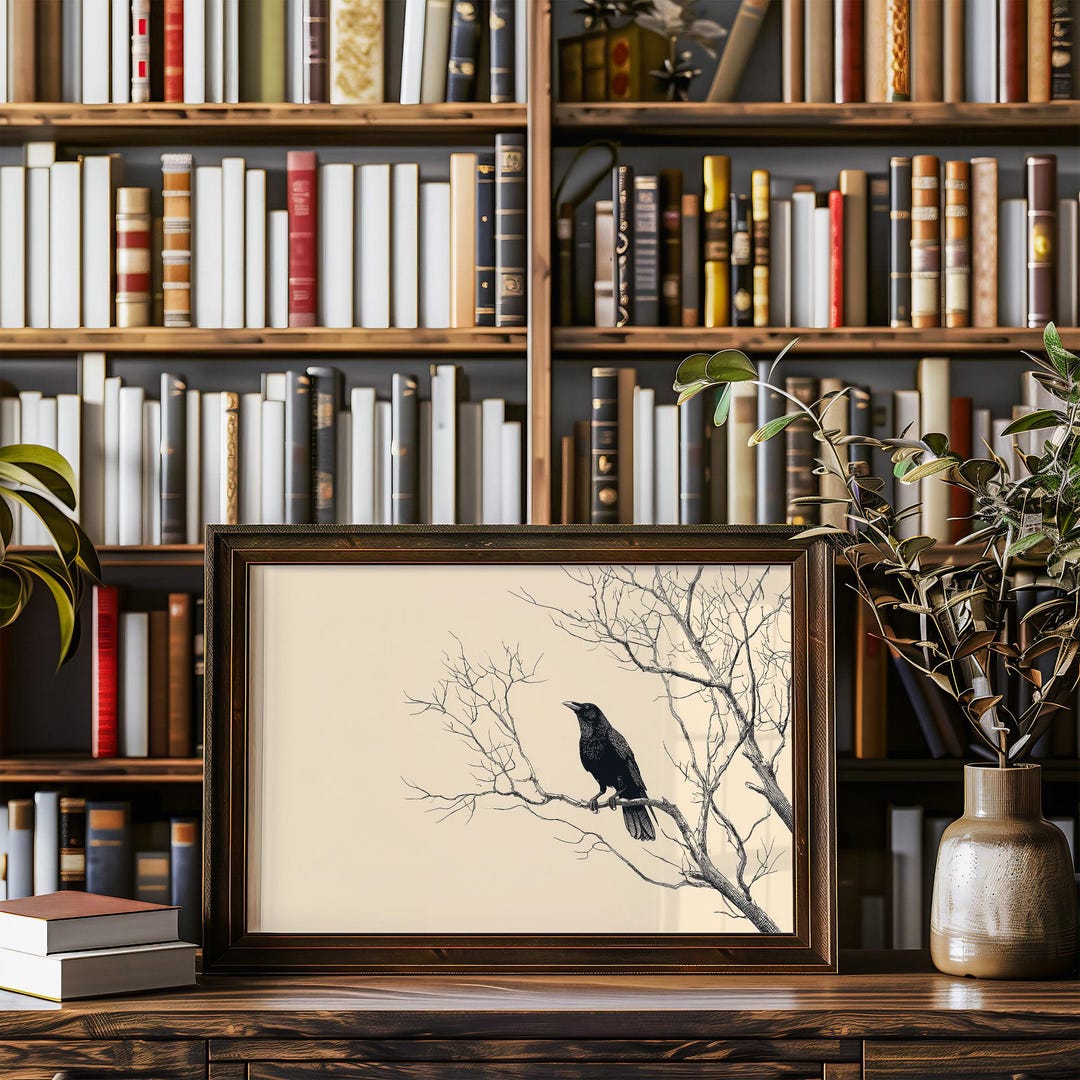 Minimal Raven on Bare Branch in Vintage Ink Style - Etsy