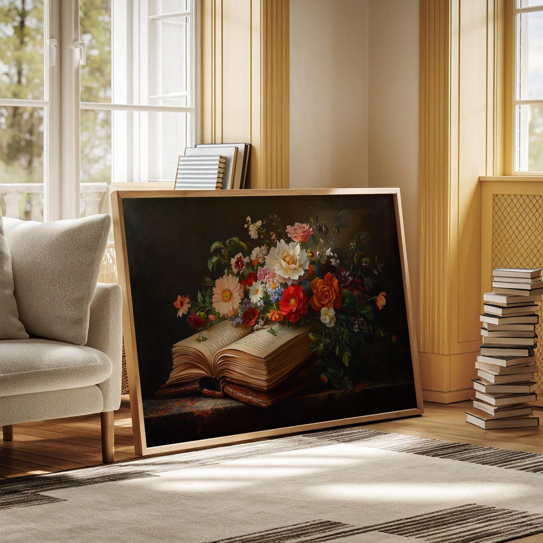 Elegant Floral Still Life With Open Book - Vibrant Vintage Botanical ...