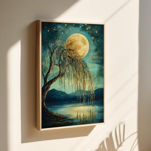 Enchanting Moonlit Willow Tree – Serene Nature Canvas Art With Glowing Full Moon and Reflective ...