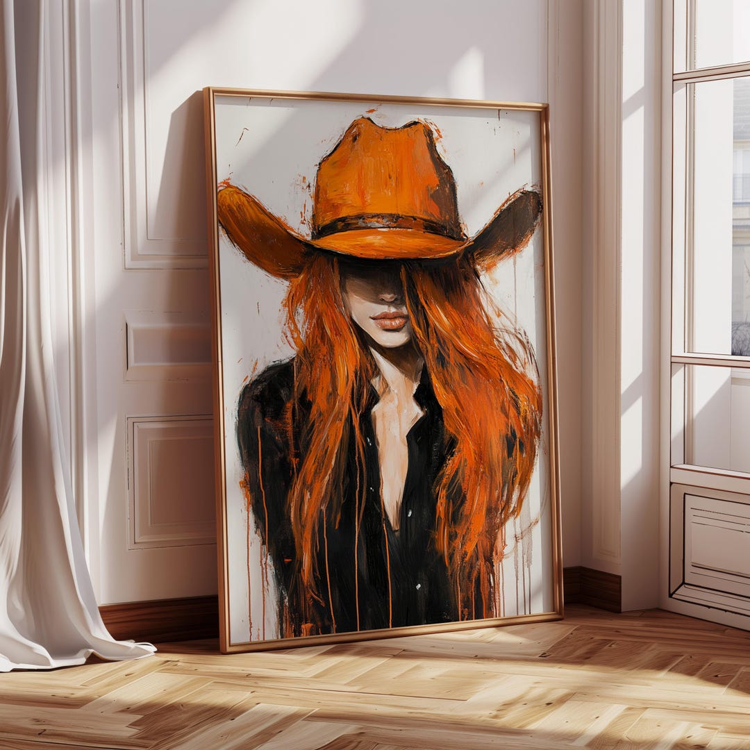Cowgirl Canvas Wall Art - Fiery Redhead Woman in Orange Hat Western ...