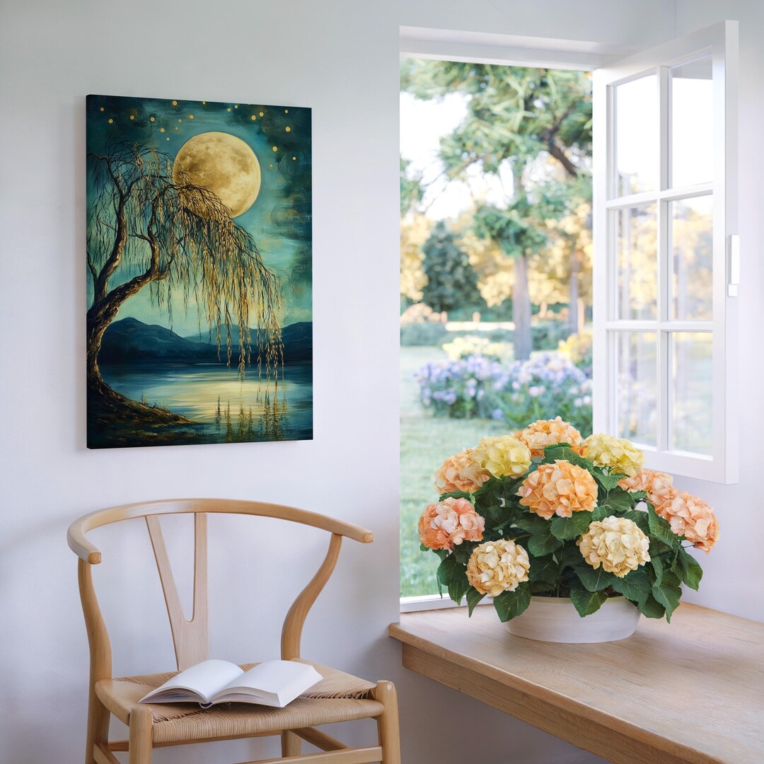 Enchanting Moonlit Willow Tree Serene Nature Canvas Art With Glowing ...