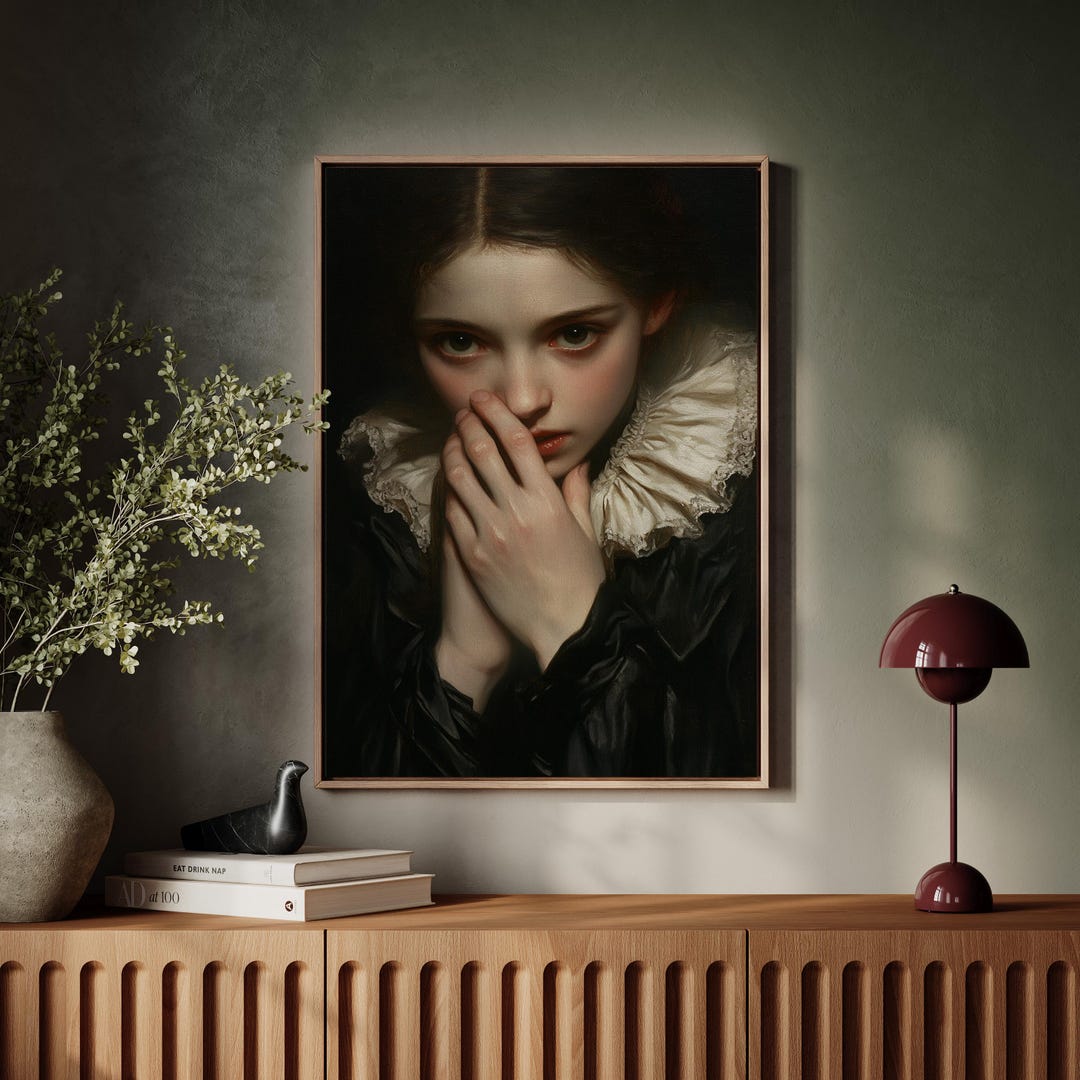 Gothic Portrait Canvas – Mysterious Woman With Green Eyes and Ruffled ...