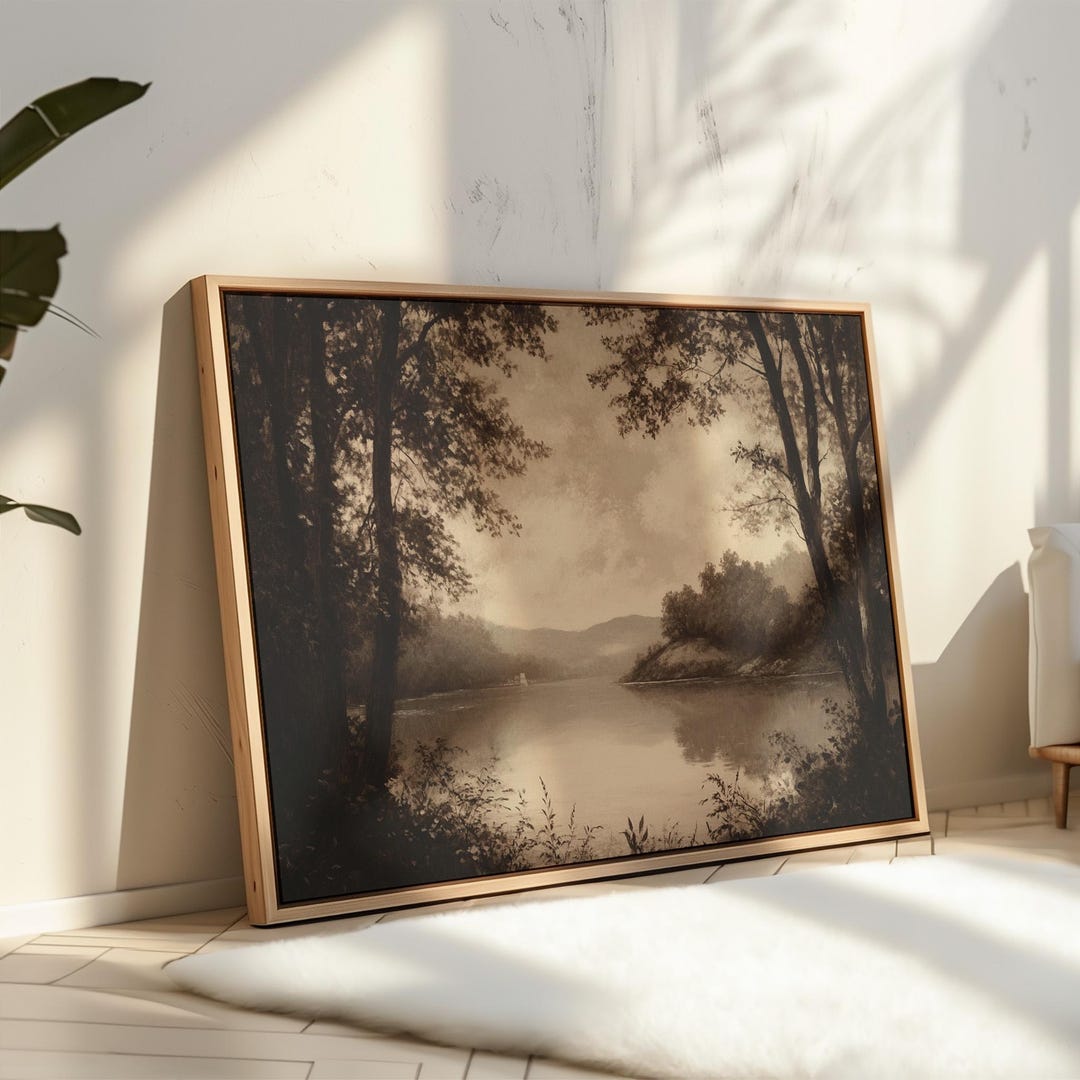 Sepia River Landscape Canvas | Tranquil Vintage Lake Scene With Trees | Serene Nature Wall Art ...
