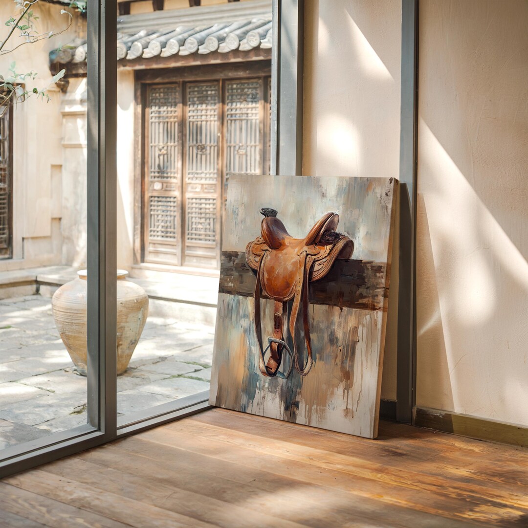 Rustic Western Saddle Canvas – Vintage Oil Painting Style Cowboy Saddle ...