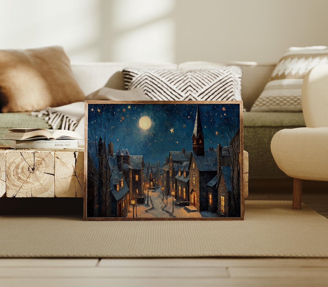 Moonlit Christmas Village Canvas Wall Art | Winter Night Painting Print ...