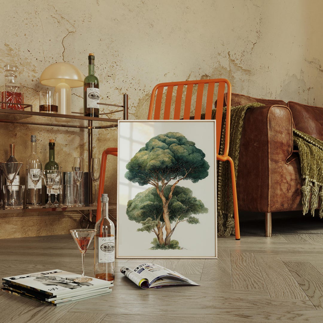 Twisted Trunk Pine Tree Watercolor Wall Art, Lush Green Botanical ...