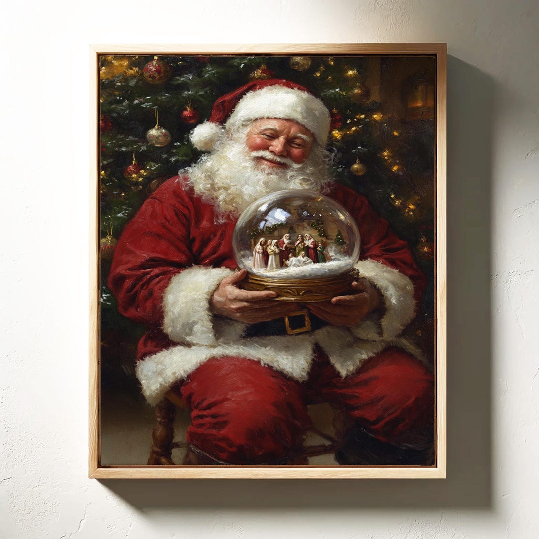 Santa Holding Nativity Snow Globe | Traditional Christmas Art Print ...