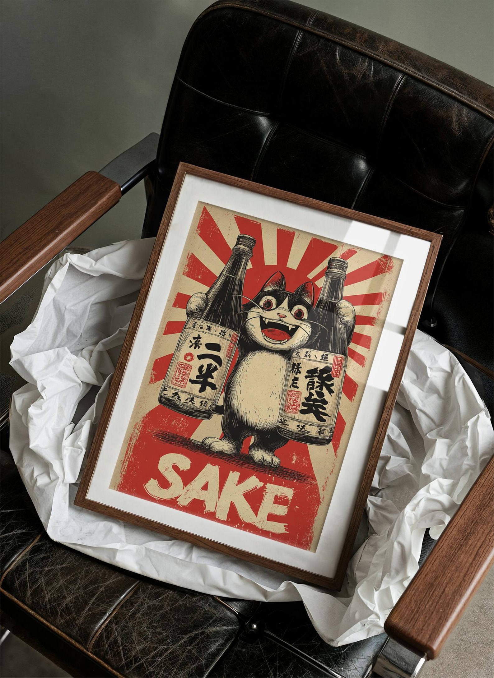 Sake Cat Canvas Art, Retro Japanese Pop Poster Style, Funny Lucky Cat ...