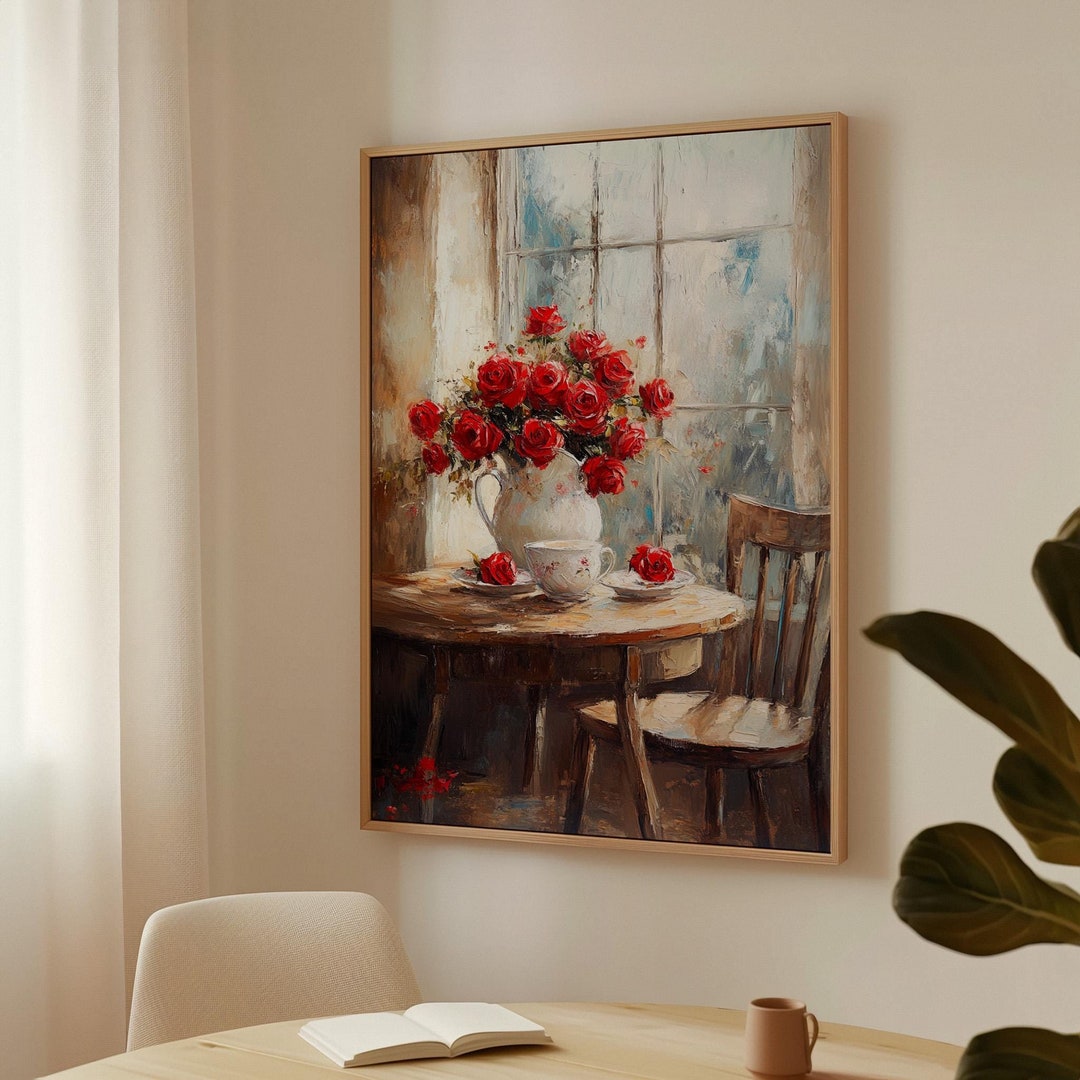Elegant Red Roses in Rustic Vase by Window - Charming Canvas Wall Art ...
