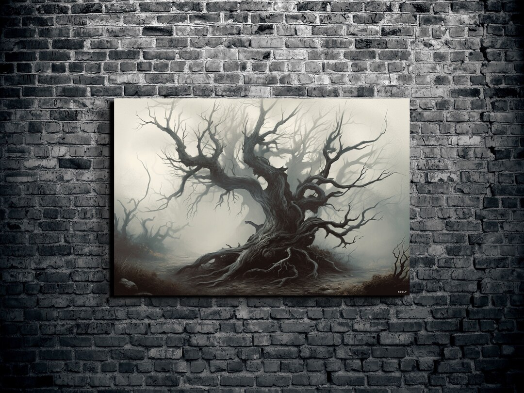 A Chilling Ghost Tree Surrounded by Fog Canvas Wall Art, Giant Mystical ...