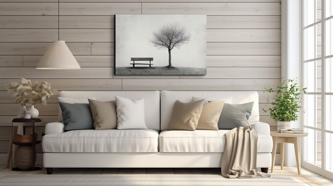 Charcoal Art, One Tree Park With Empty Bench -gloomy Park Art - Lone ...