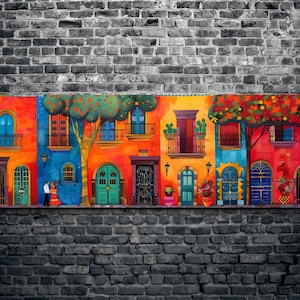 Panoramic Mexican Villas Abstract Art Style, Ready to Hang Canvas Wall ...