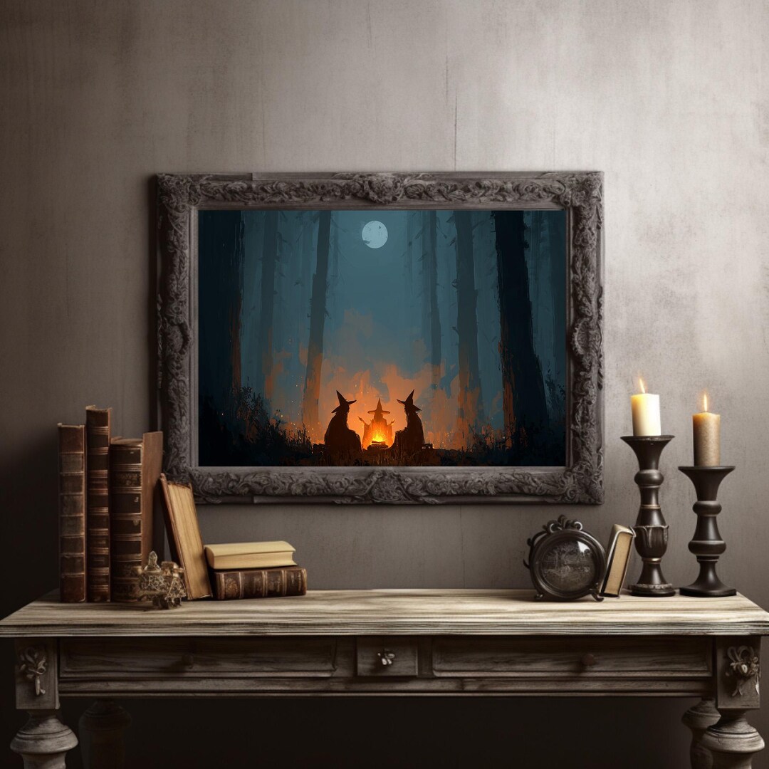 Witches Gather Around Fire in Moonlit Forest Artwork - Etsy
