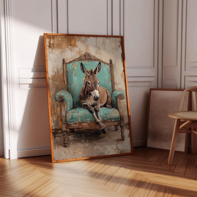 Funny Donkey Wall Art on Teal Chair, Rustic Farm Animal Canvas Print ...