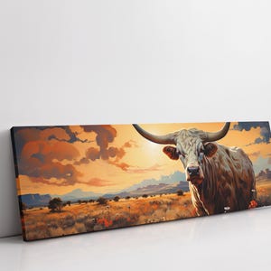 Longhorn Steer Panoramic Canvas Wall Art, Southwestern Wall Art, Cow ...