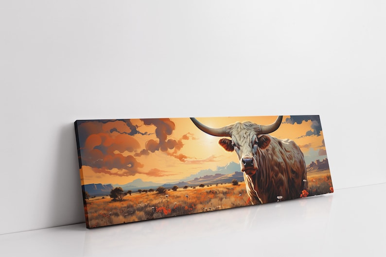 Longhorn Steer Panoramic Canvas Wall Art, Southwestern Wall Art, Cow ...