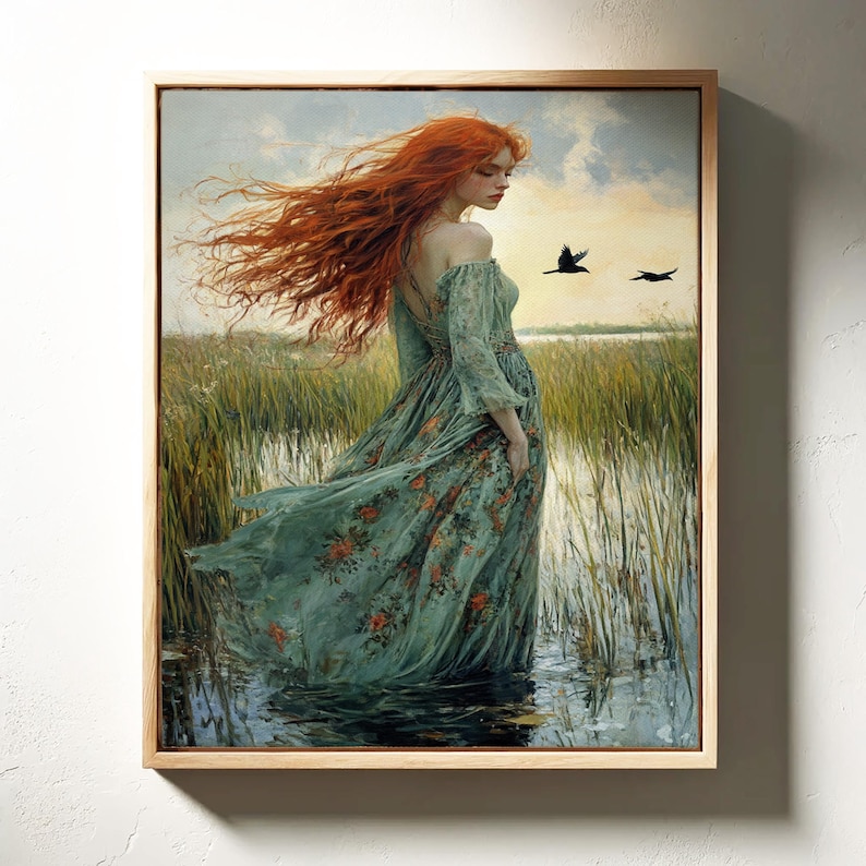 Red Haired Woman in Green Dress Canvas Art, Dreamy Marshland Painting ...
