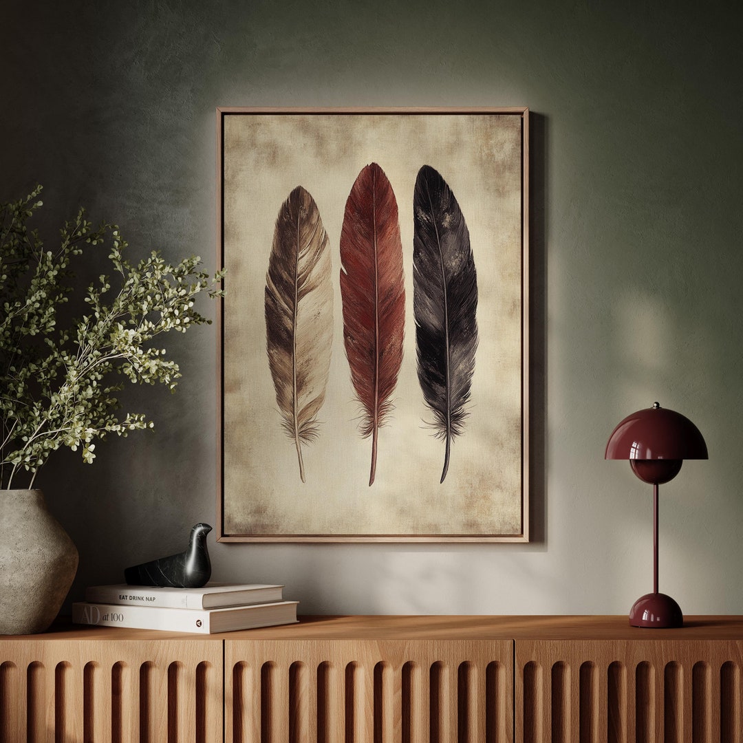 Rustic Feather Trio Wall Art - Neutral, Red, and Black Feathers on ...