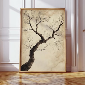 Minimalist Ink Tree Drawing Canvas – Vintage Japanese Aesthetic Wall ...