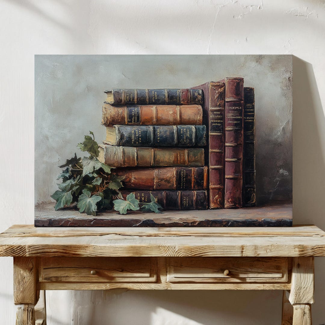 Vintage Stacked Books With Ivy Canvas Art - Rustic Library Decor for ...