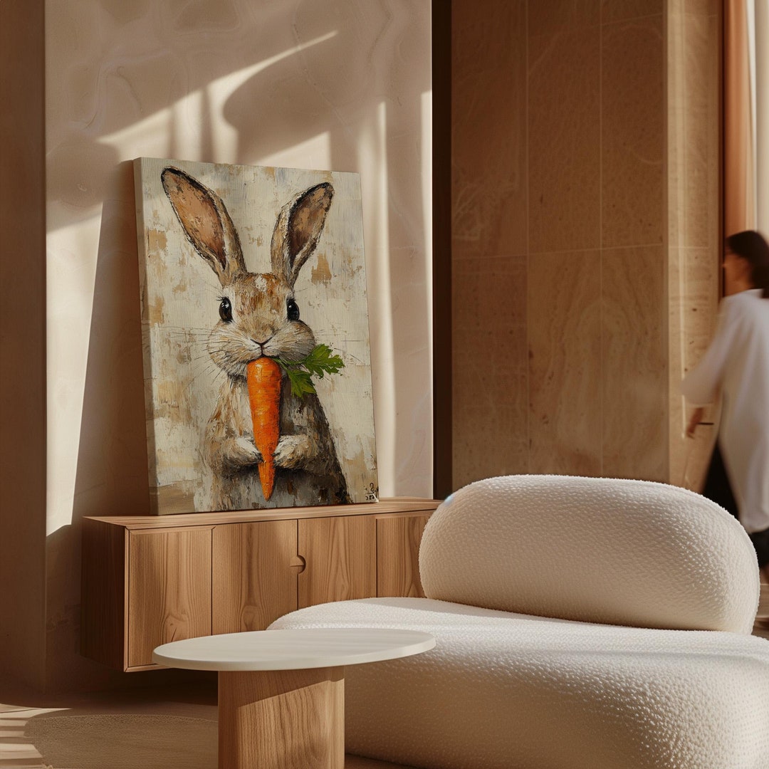 Rustic Bunny With Carrot Canvas Wall Art - Farmhouse Animal Decor ...