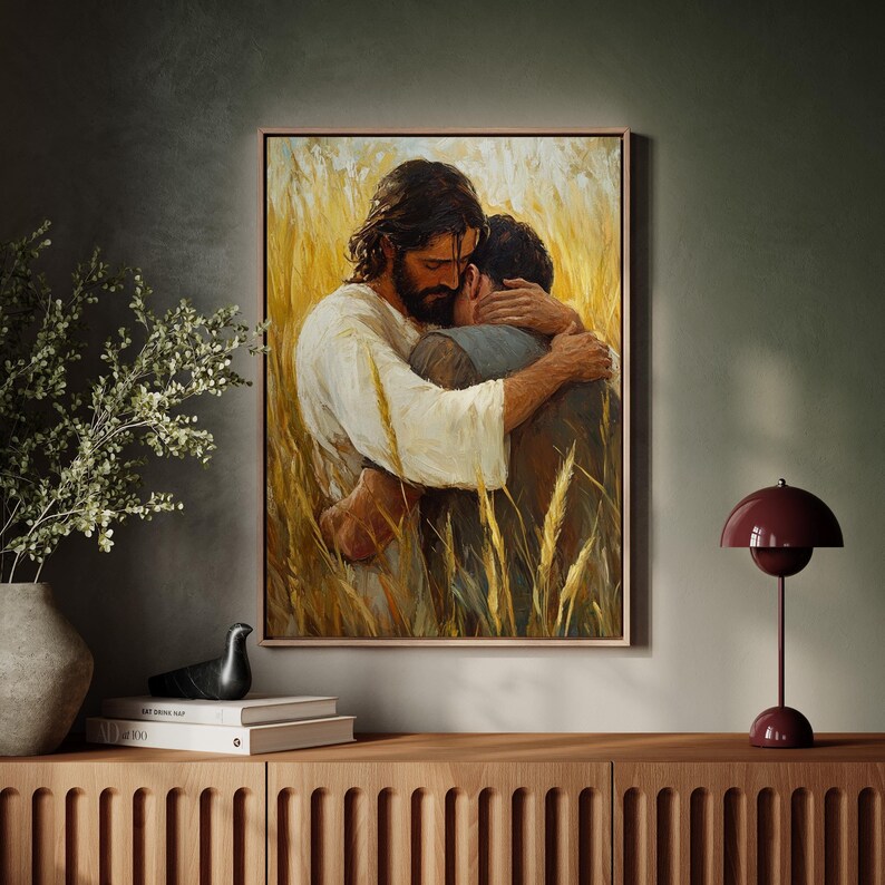 Jesus Embracing a Man in a Wheat Field - Emotional Christian Canvas Art ...