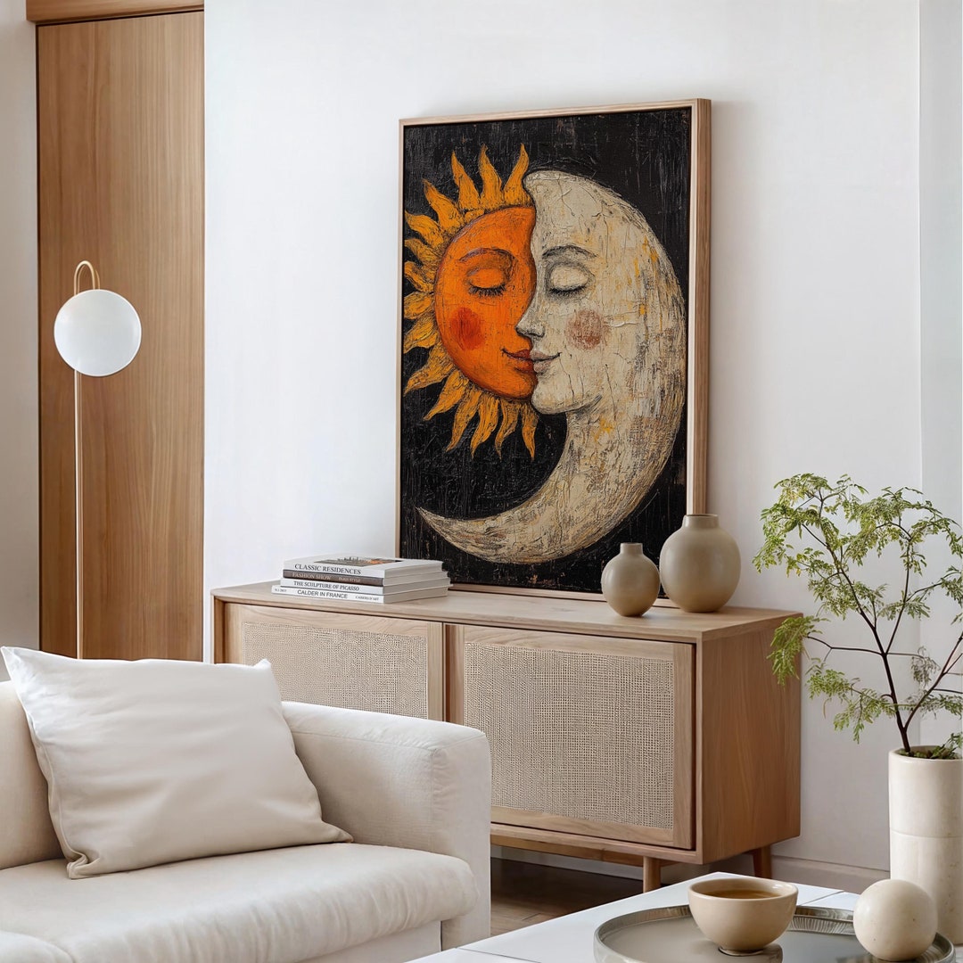 Rustic Sun and Moon Canvas Art - Boho Celestial Harmony Wall Decor ...