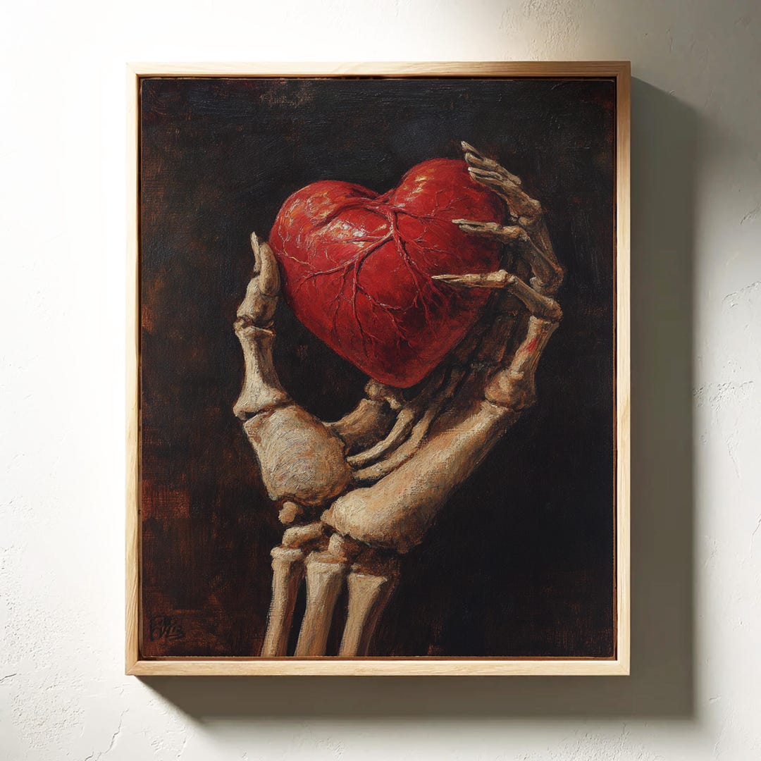 Skeleton Hand With Heart Oil Painting - Gothic Anatomical Art Canvas ...