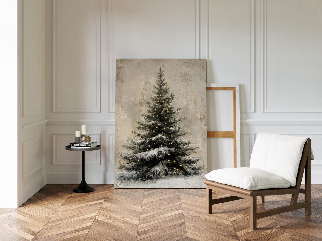 Rustic Christmas Tree Canvas Wall Art - Snowy Holiday Tree With Warm ...