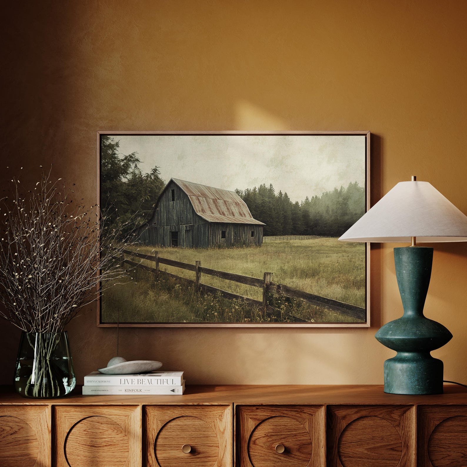 Rustic Blue Barn in Countryside Meadow | Vintage Rural Landscape Canvas ...